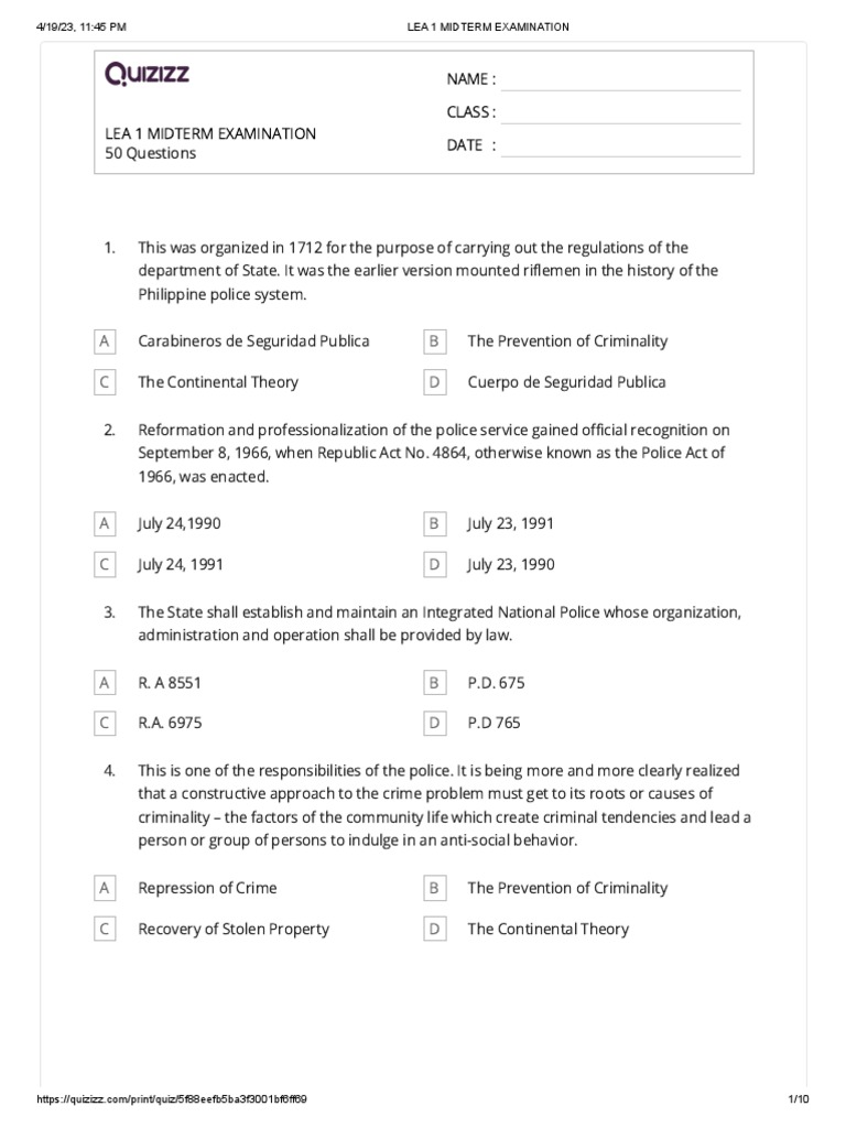 LEA 1 MIDTERM EXAMINATION | PDF | Leadership | Police