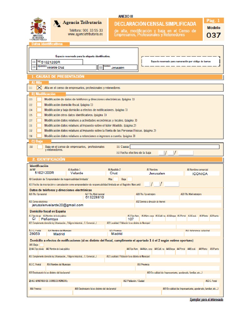 Modelo 037. Declaración Censal Socio 1 | PDF