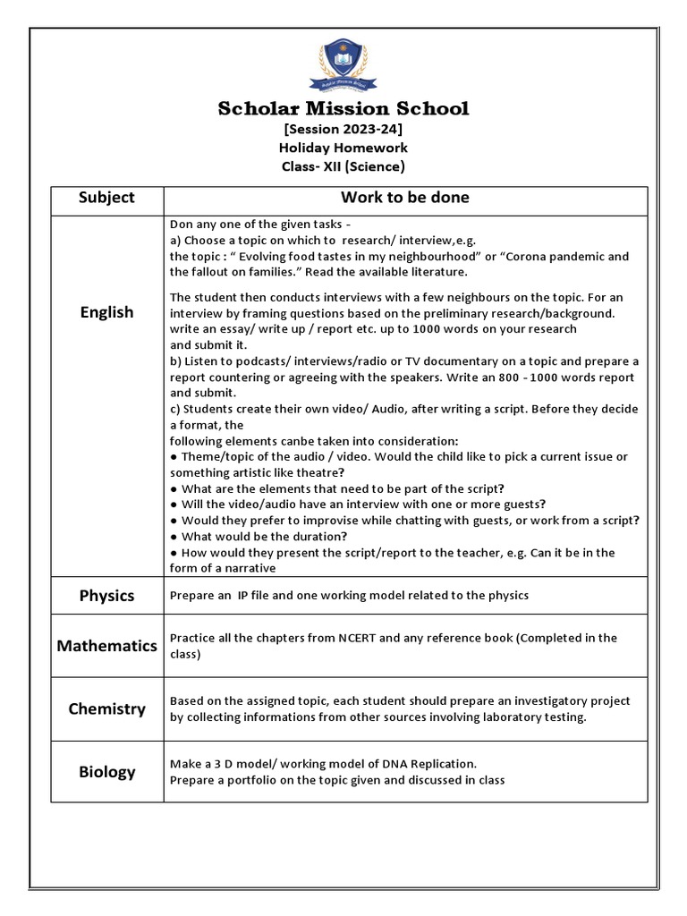 Class 12 Science Holiday Homework 2023-24 | PDF