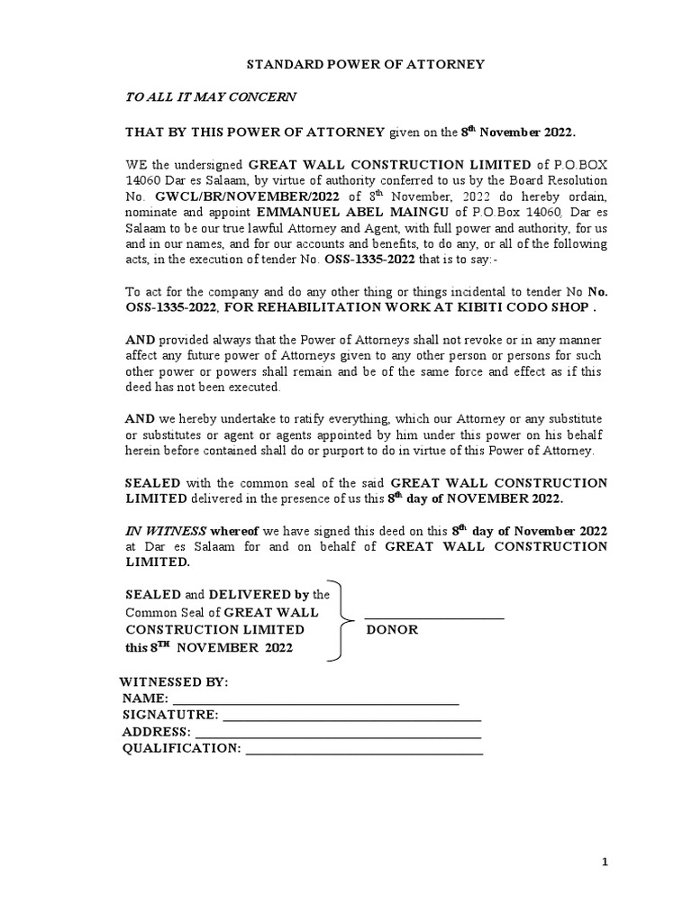 Standard Power of Attorney Document | PDF | Power Of Attorney | Government