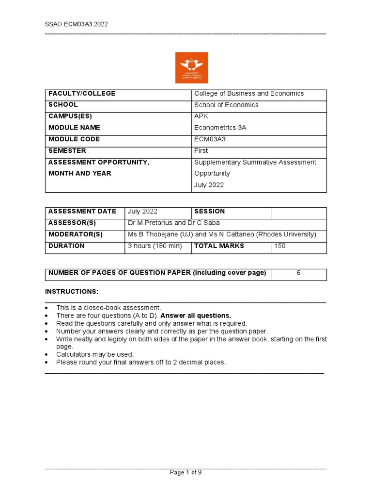 Econometrics 3A Supplementary Examination Memo | PDF | Errors And ...