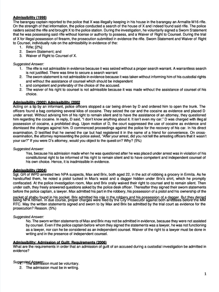 PDF Evidence Bar Questions - Compress | PDF | Hearsay | Evidence (Law)