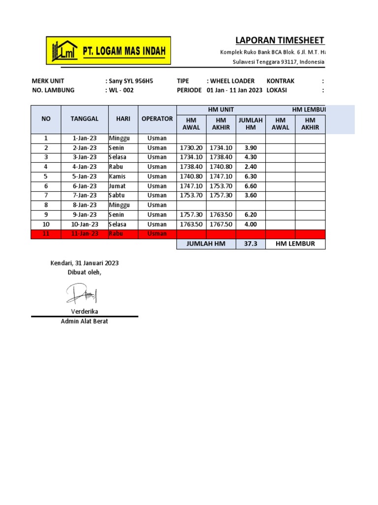 Rekap Timesheet Operator Alat Berat - Januari 2023t | PDF