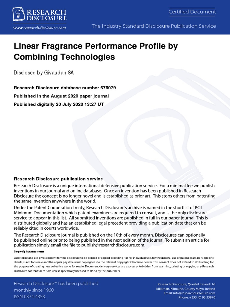 RD676079-Linear Fragrance Performance Profile by Combining Technologies | PDF | Patent | Prior Art