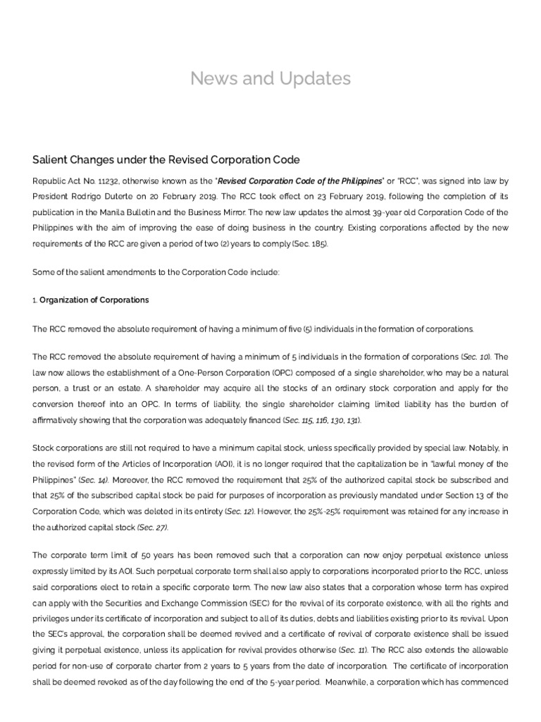 Salient Changes Under The Revised Corporation Code - Cruz Marcelo | PDF