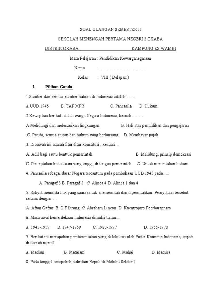 Soal Ulsem PKN Kelas Viii | PDF | Politik | Ilmu Sosial