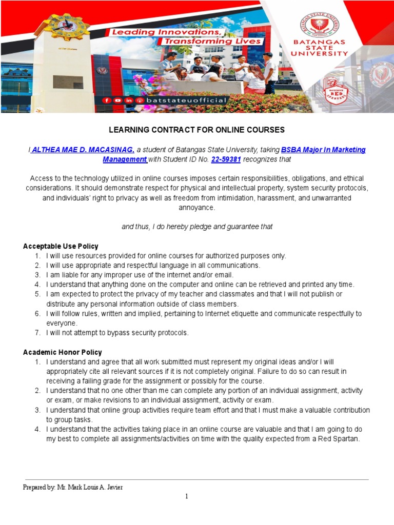 Learning Contract For Online Courses | PDF