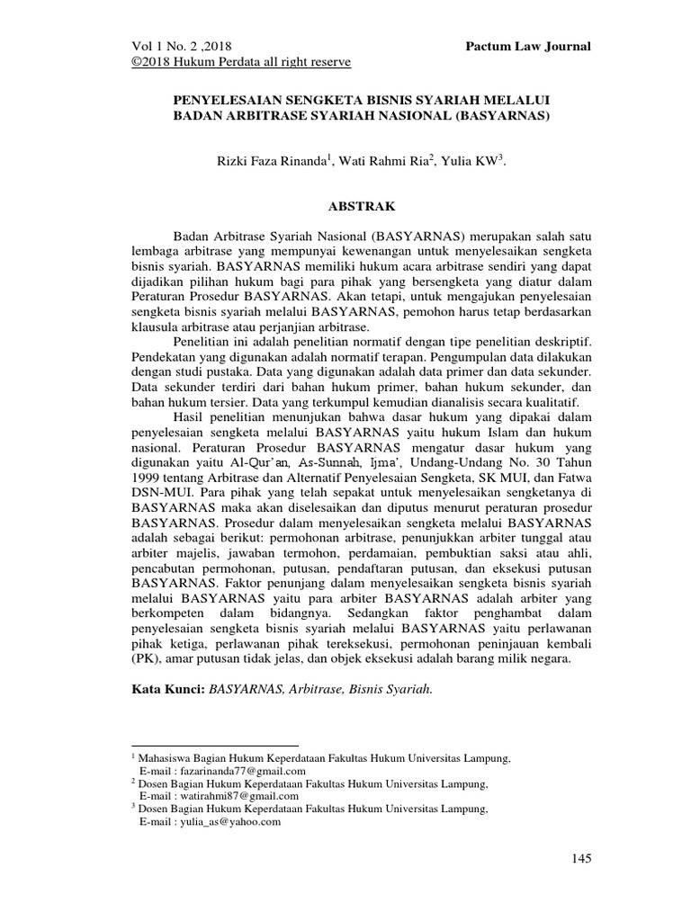Penyelesaian Sengketa Bisnis Syariah Melalui Badan Arbitrase Syariah ...