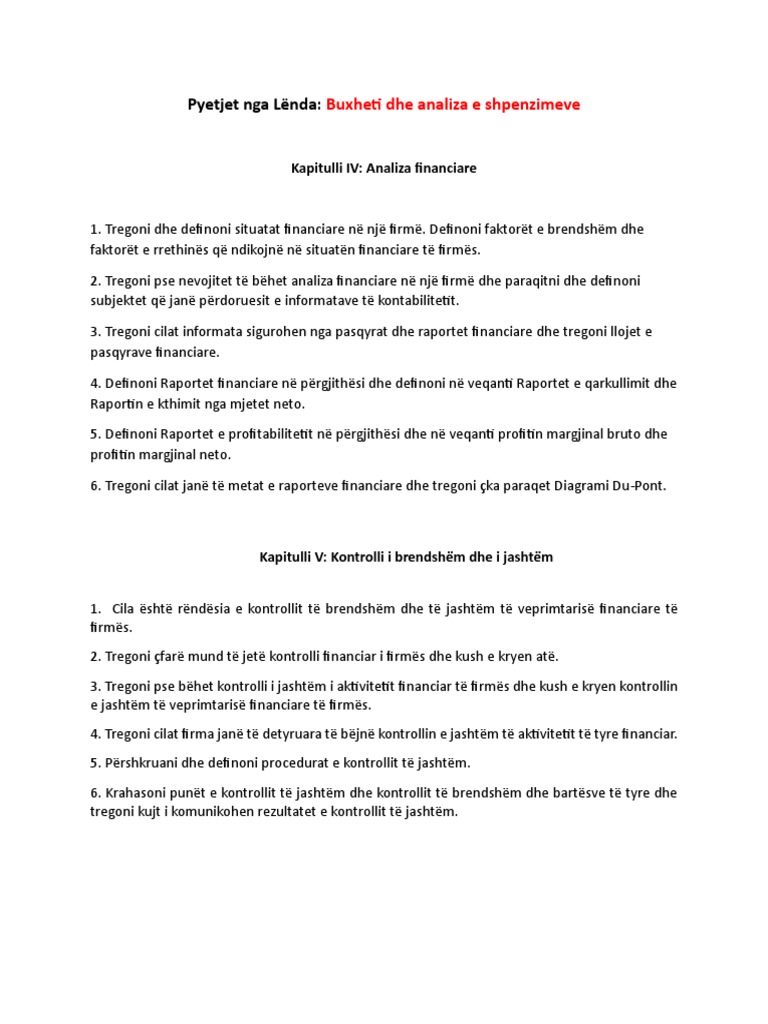Pyetjet Nga Lënda Buxheti Dhe Analiza e Shpenzimeve, Kapitulli IV, Dhe V | PDF