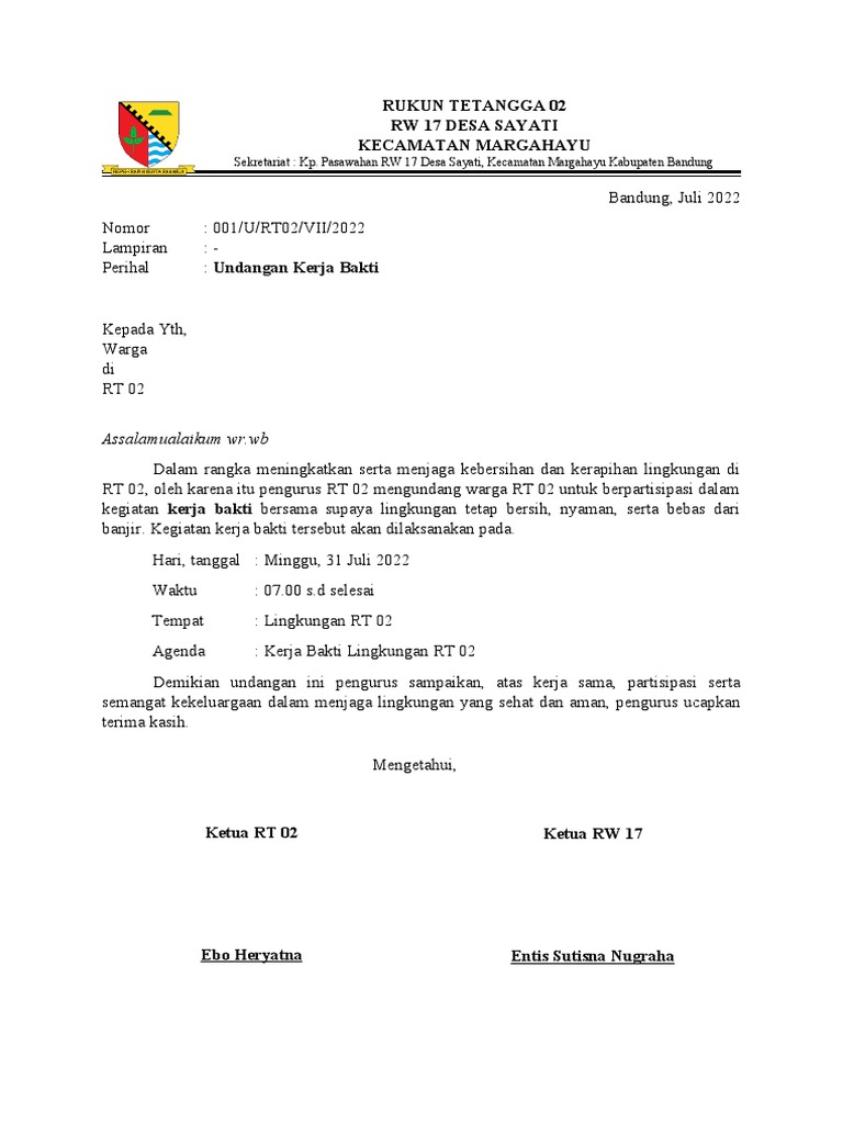 001 - Undangan Kerja Bakti RT 02 | PDF
