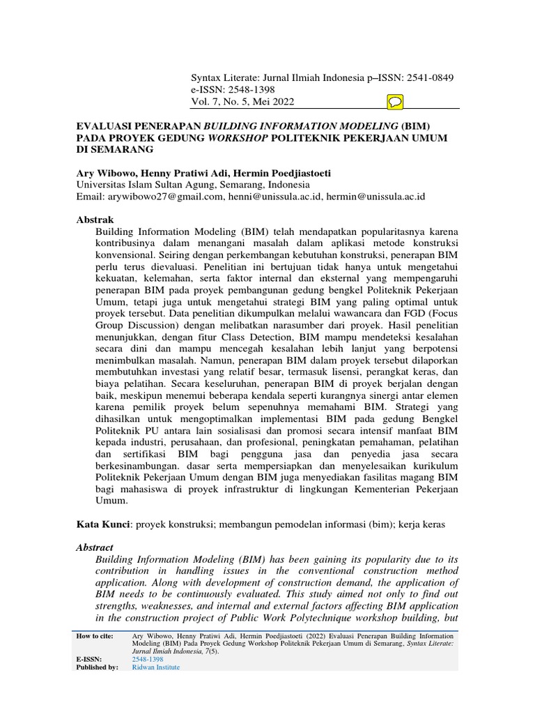 Evaluasi Penerapan Building Information Modeling (Bim) Pada Proyek Gedung Workshop Politeknik ...