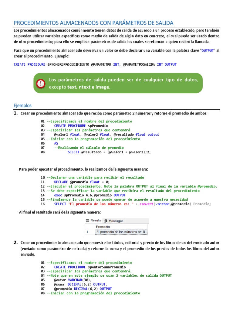 03-PROCEDIMIENTOS ALMACENADOS CON PARÁMETROS DE SALIDA (1) | PDF | Ingeniería Informática ...