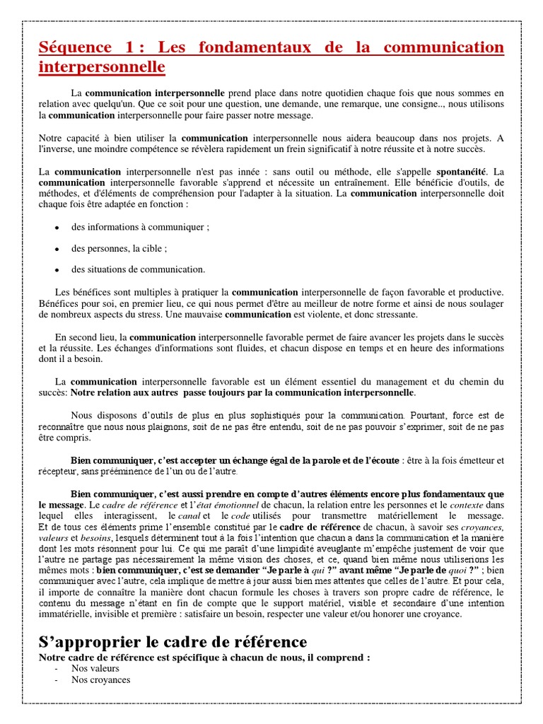 Fondamentaux de la communication interpersonnelle | PDF | la ...