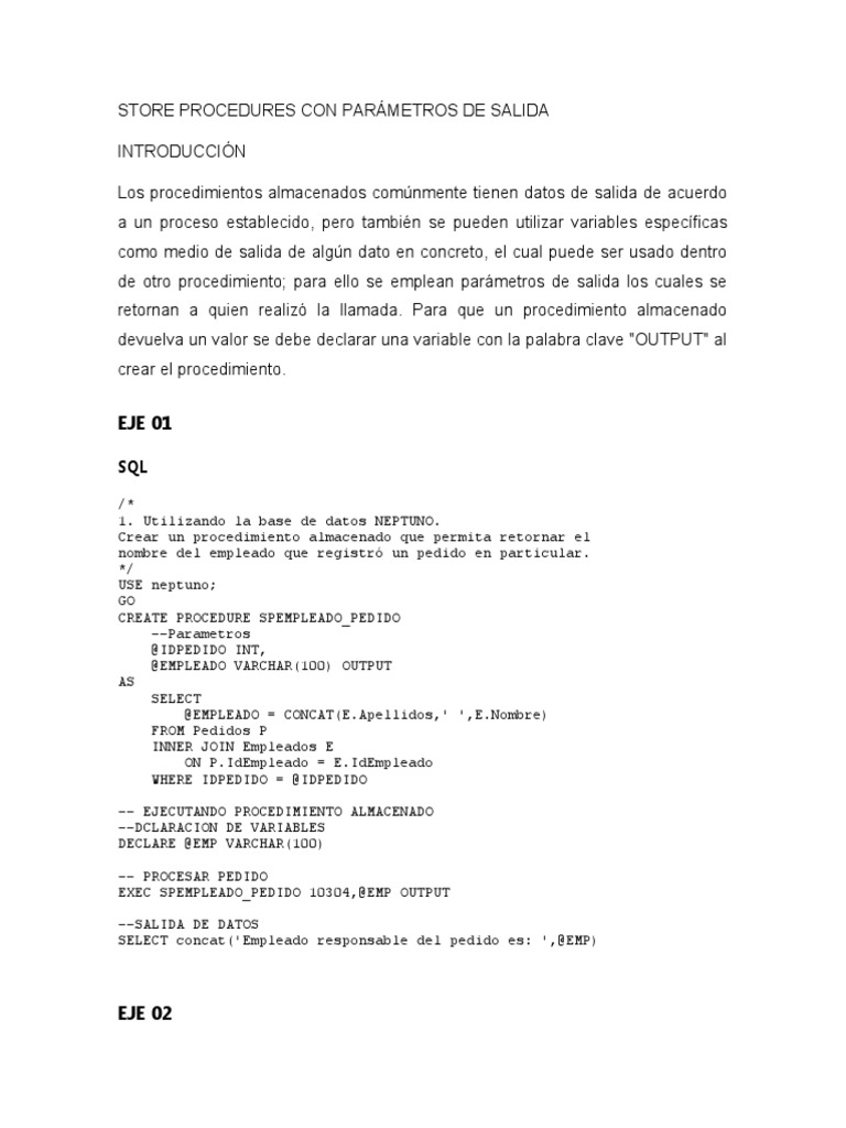 Store Procedures Con Parámetros de Salida | PDF