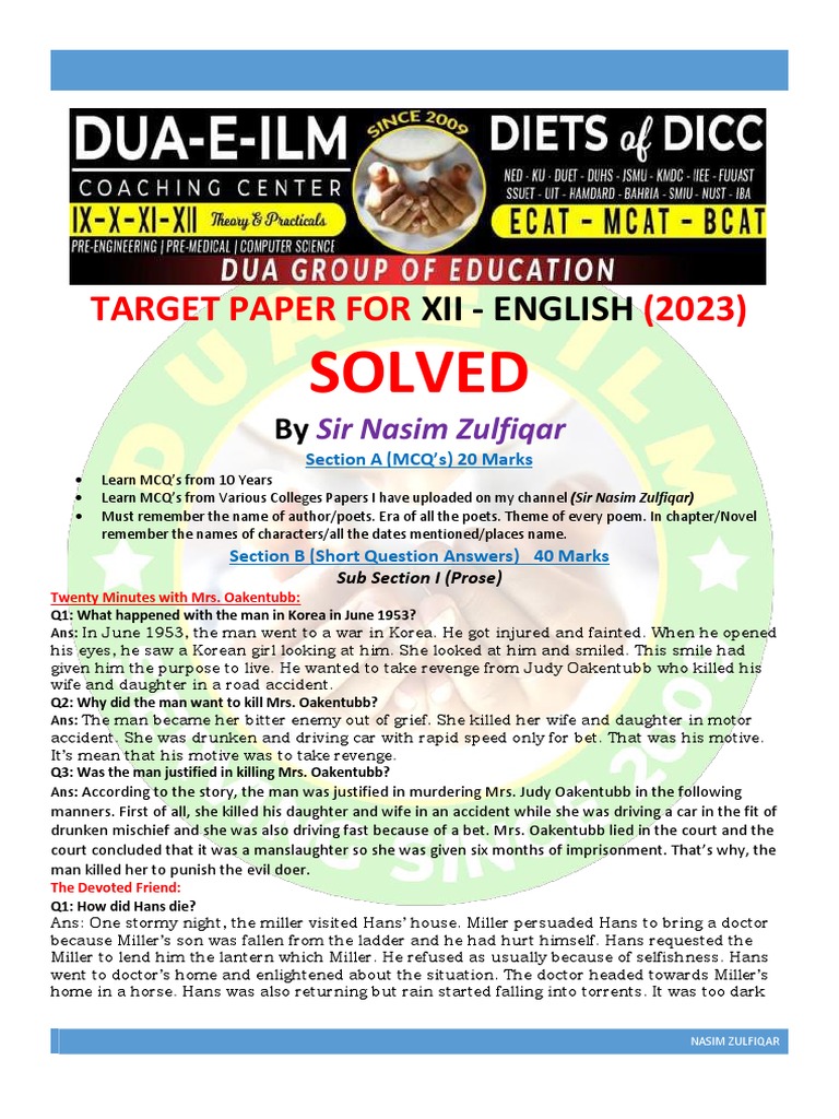 XII Eng Target Paper 2023 (Sir Nasim Zulfiqar) | PDF | Flood | Samson