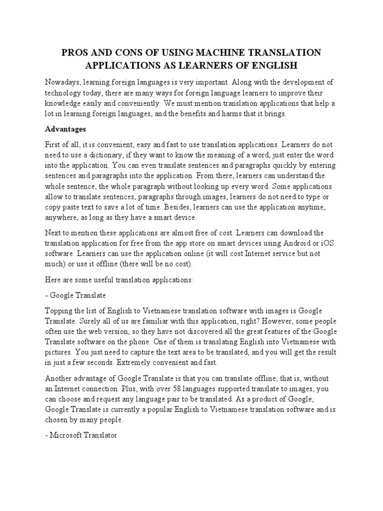 Pros and Cons of Using Machine Translation Applications As Learners of ...