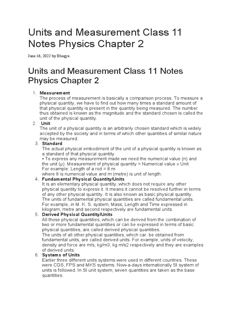 Units and Measurement Class 11 Notes Physics Chapter 2 | PDF ...