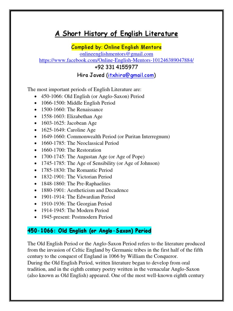 A Short History of English Literature | PDF