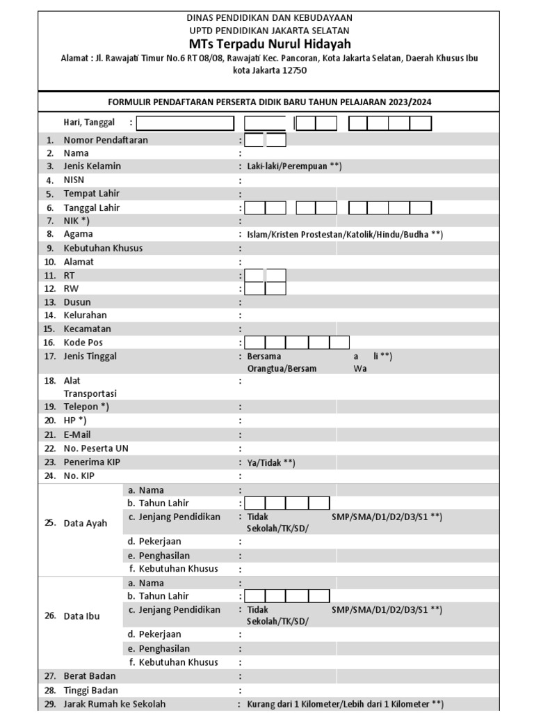 FORMULIR PPDB MTs Terpadu Nurul Hidayah | PDF