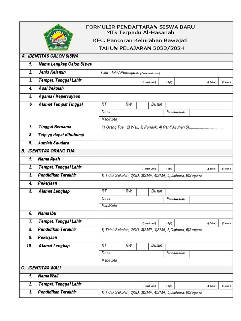 Formulir Pendaftaran Siswa MTs Terpadu Al-Hasanah | PDF