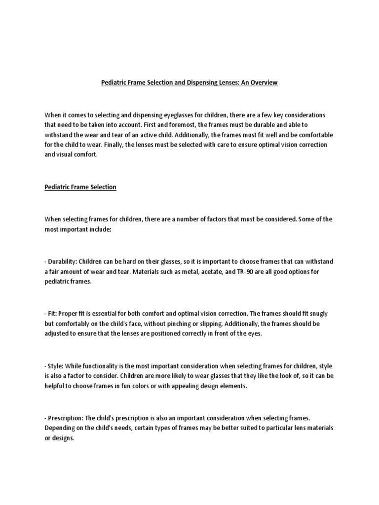 Pediatric Frame Selection and Dispensing Lenses | PDF ...