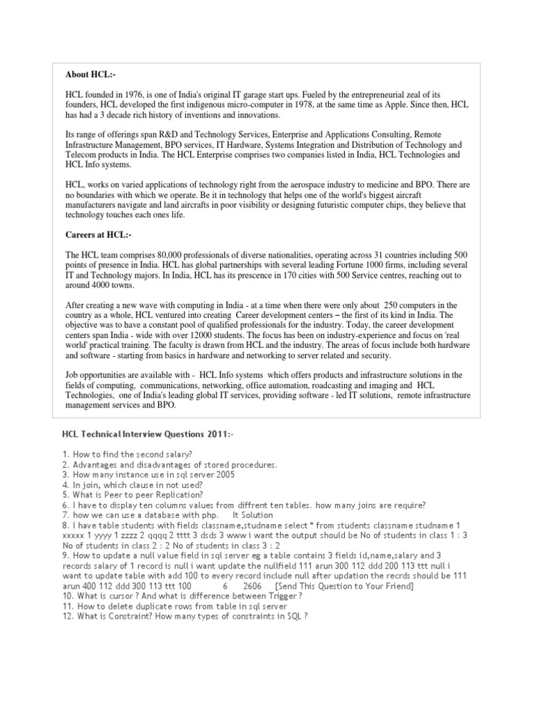 About Hcl Hcl Technical Interview Questions 2011 Pdf Microsoft Sql Server Parameter
