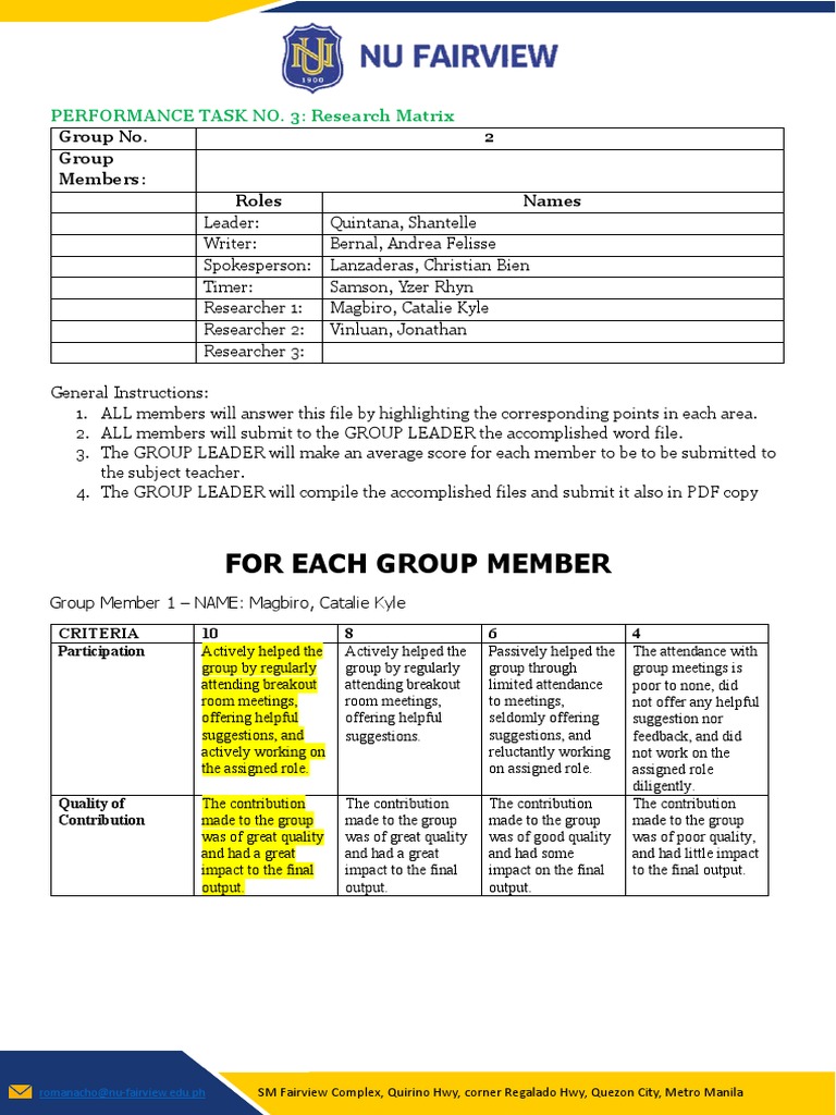 PETA Peer Evaluation Rubric VINLUAN | PDF