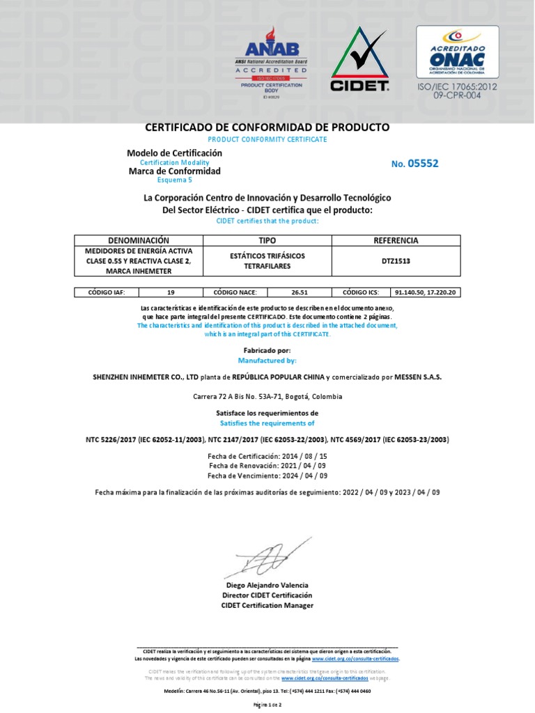 1.2 Certificado de Producto Medidor Semidirecta Inhemeter 2022 | PDF ...