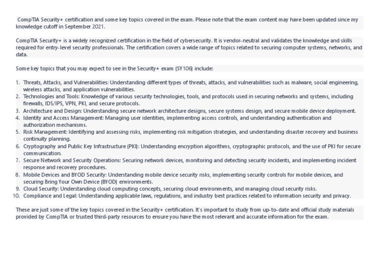 CompTIA Security+ Exam Topics | PDF | Information Security | Security