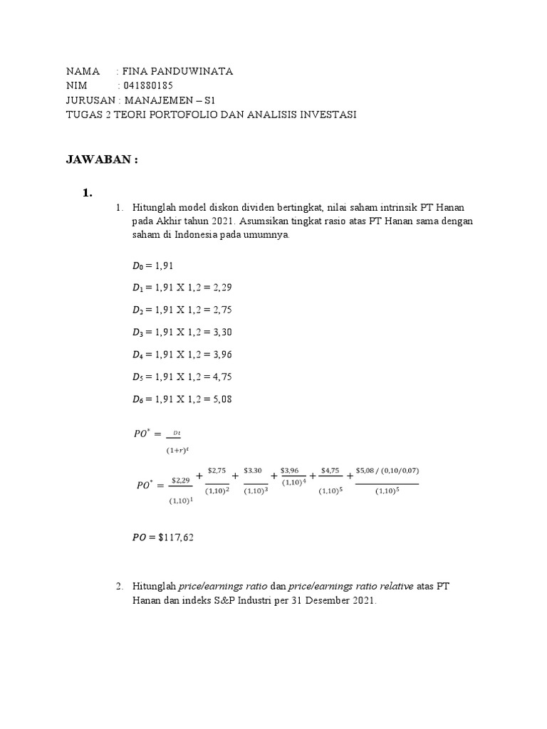 Tugas 2 Teori Portofolio Dan Analisis Investasi | PDF