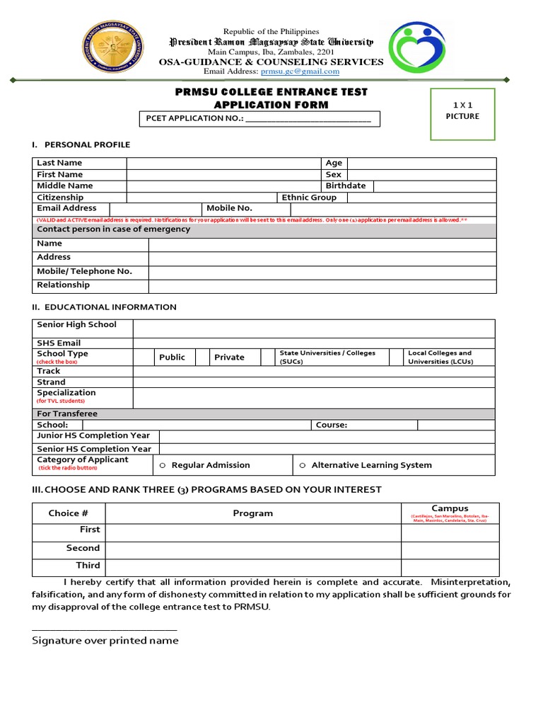 Application Form For PCET For SY 2023-2024 | PDF
