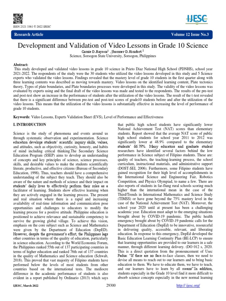 .Development and Validation of Video Lessons in Grade 10 Science | PDF ...
