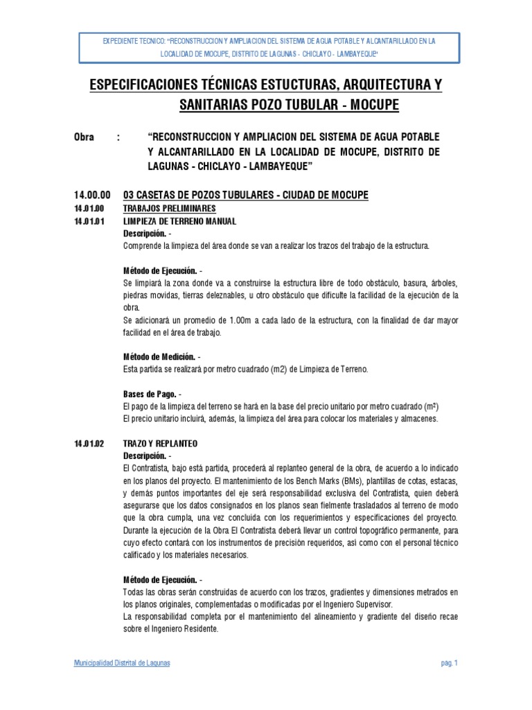 14 Especific. Est, Arq y Sanit Pozos Mocupe | PDF | Hormigón ...