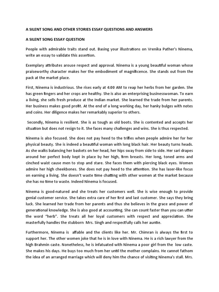 A Silent Song and Other Stories Essay Questions and Answers | PDF