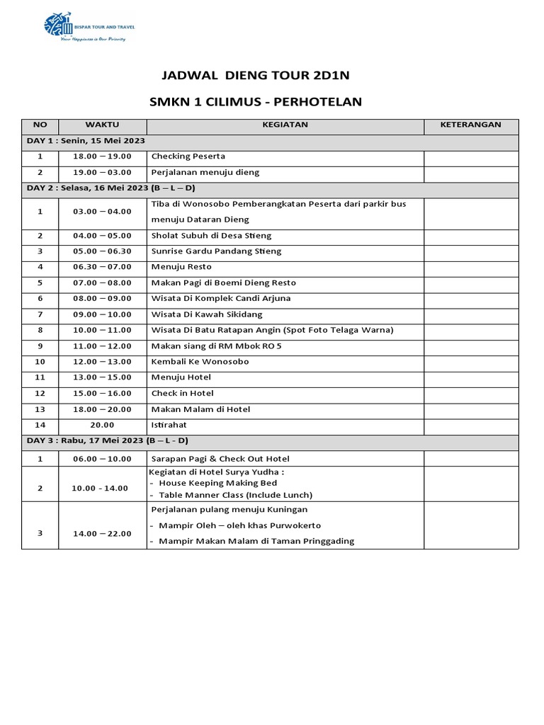 Jadwal Tour Deing 2d1n | PDF