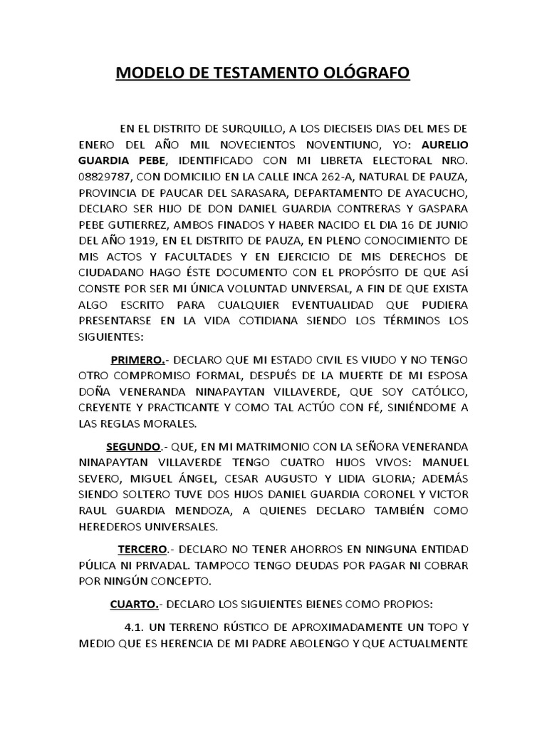 Modelo de Testamento Olografo - Aurelio Guardia Pebe | PDF