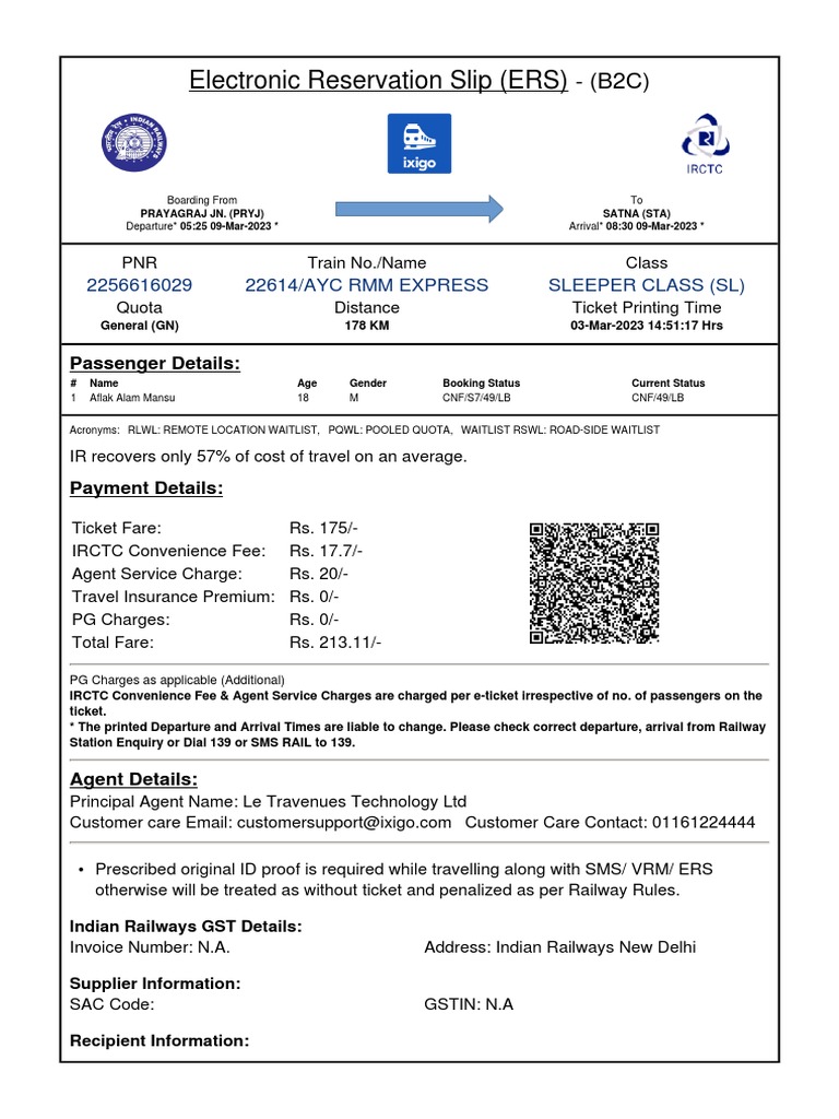 Electronic Reservation Slip (ERS) : 2256616029 22614/ayc RMM Express ...