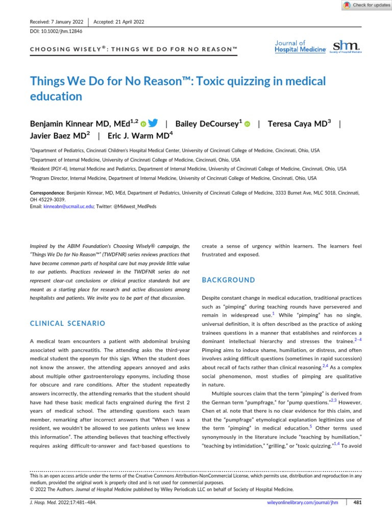 Journal of Hospital Medicine - 2022 - Kinnear - Things We Do For No Reason Toxic Quizzing in ...