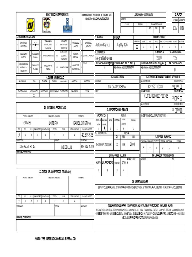 Formulario de Solicitud de Tramites Lleno | PDF | Placa de matrícula ...