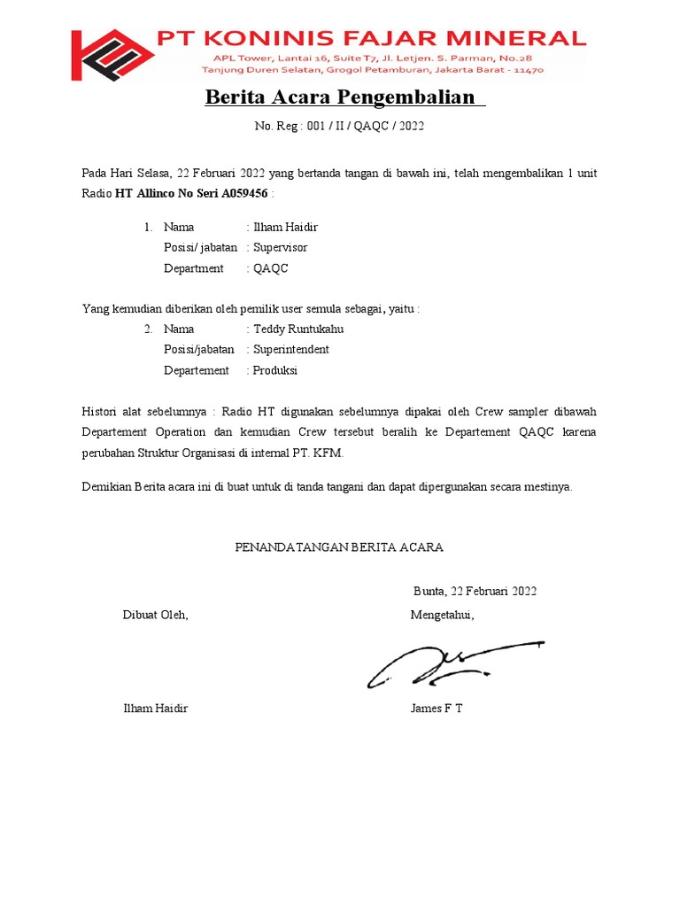 Berita Acara Pengembalian Barang | PDF