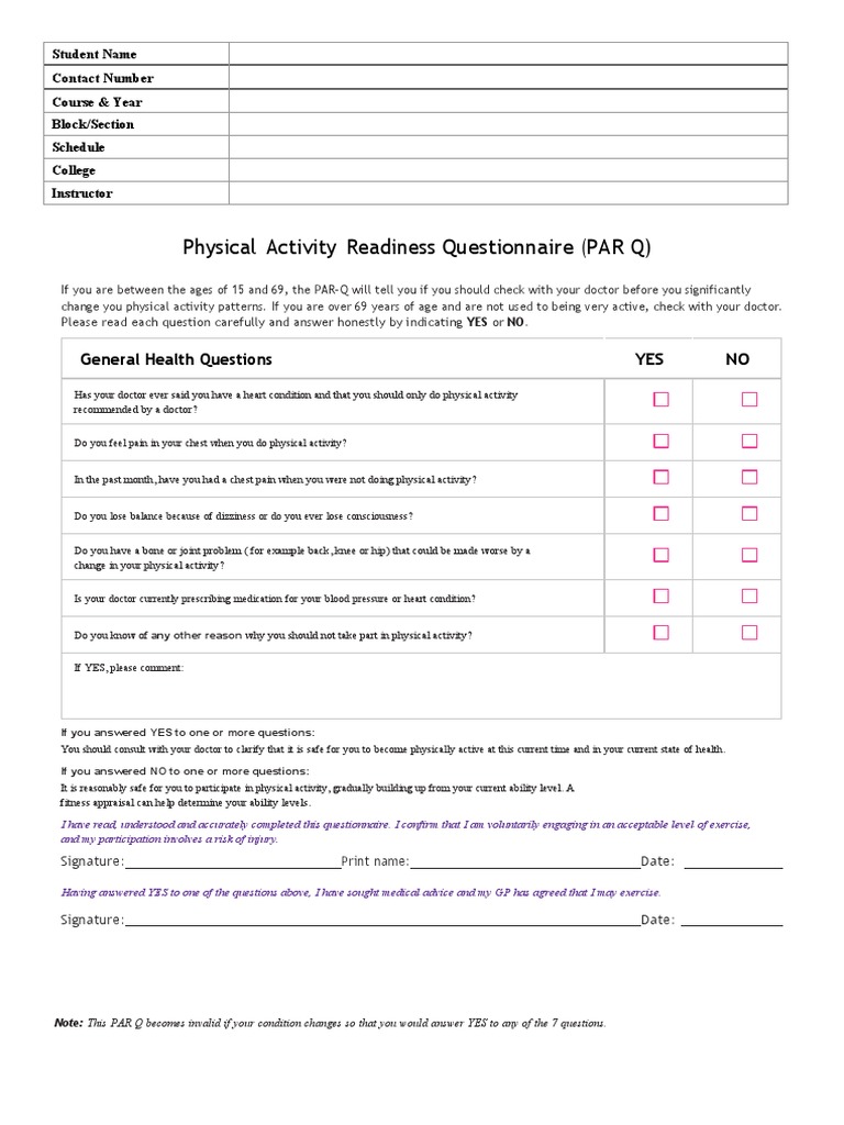 Physical Activity Readiness Questionnaire | PDF | Pain | Physical Fitness
