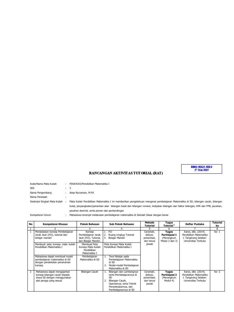 Rancangan Tutorial Pendidikan Matematika I | PDF