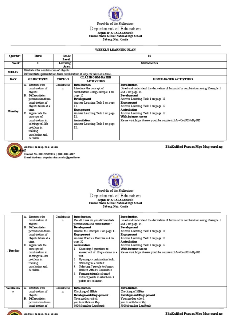 Grade 10 Math: Combinations & Permutations | PDF