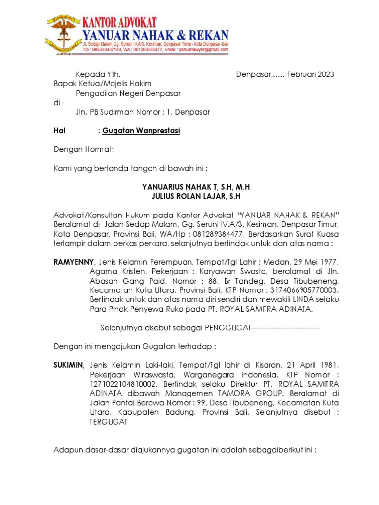 Gugatan Wanprestasi PT Royal Samitra | PDF | Pengelolaan Keuangan ...
