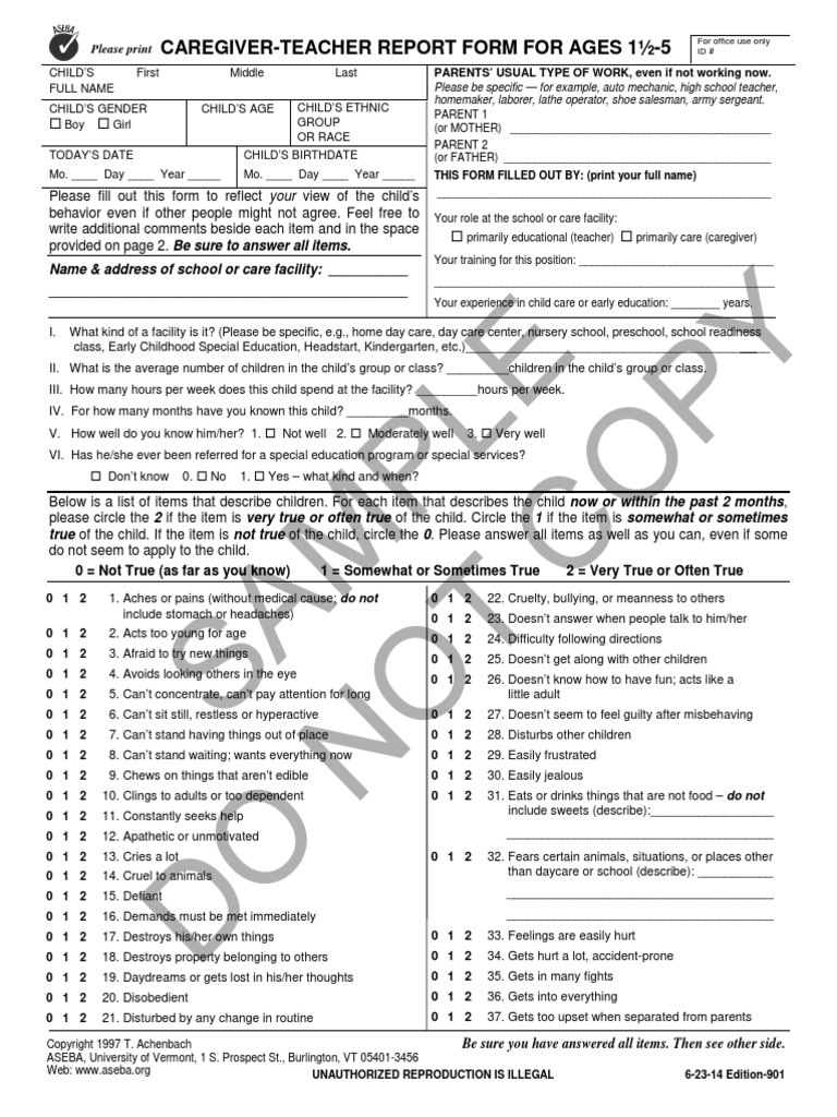 Caregiver-Teacher Report Form For Ages 1 - 5 | PDF | Child Care | Preschool