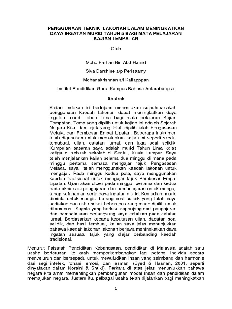 Penggunaan Teknik Lakonan Dalam Meningkatkan Daya Ingatan Murid Tahun 5 Bagi Mata Pelajaran ...