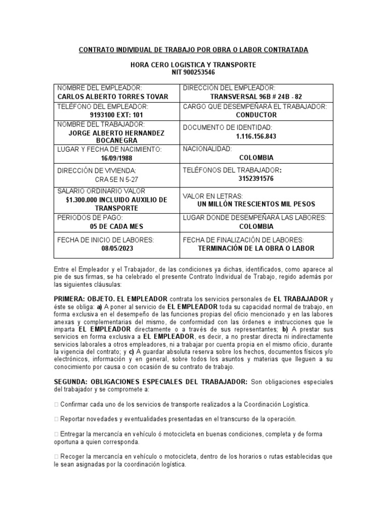 Contrato Individual de Trabajo A Término Obra o Labor Conductor | PDF | Derecho laboral | Salario
