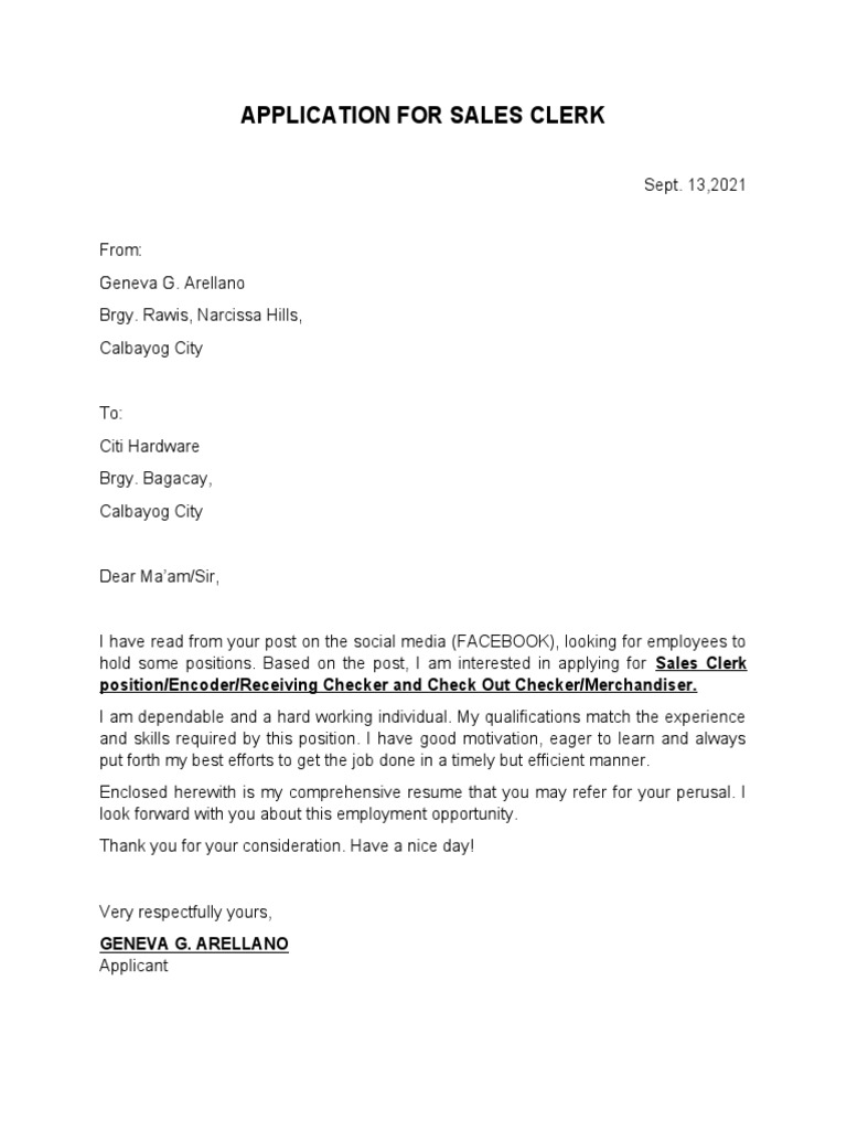 Application for Sales Clerk Position | PDF