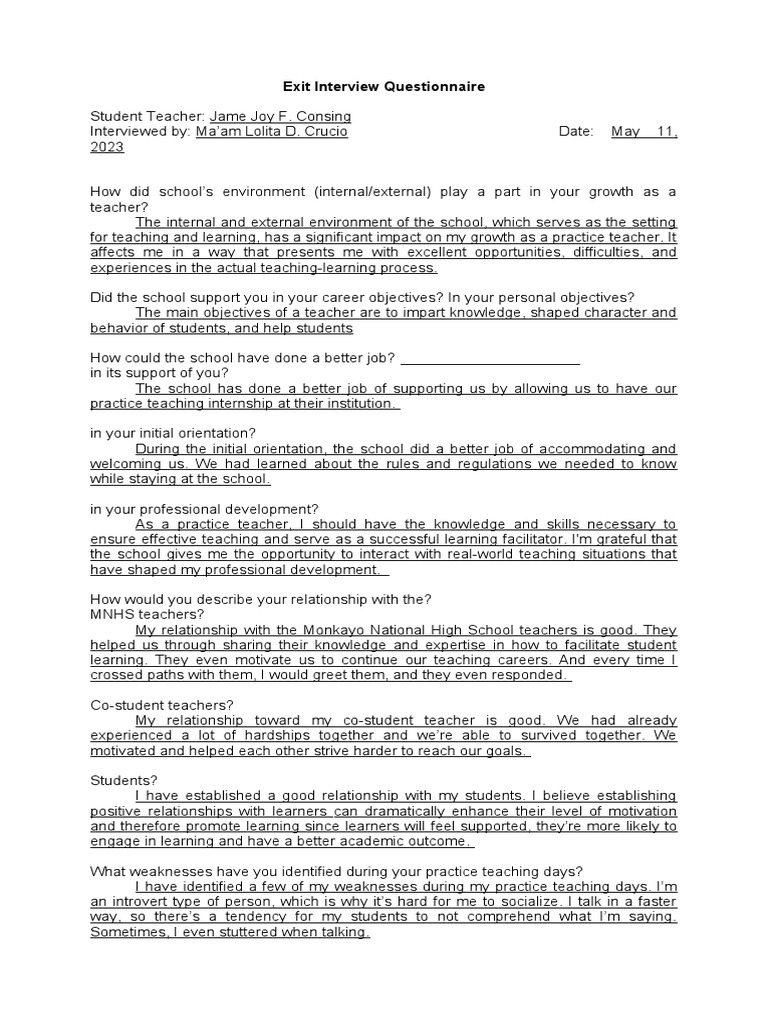 Exit Interview Questionnaire | PDF | Teachers | Learning