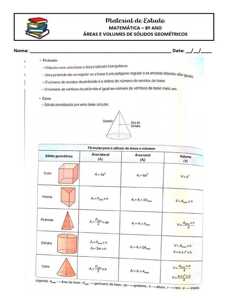 Resumo_ Áreas e Volumes de Sólidos Geométricos 8ºano | PDF